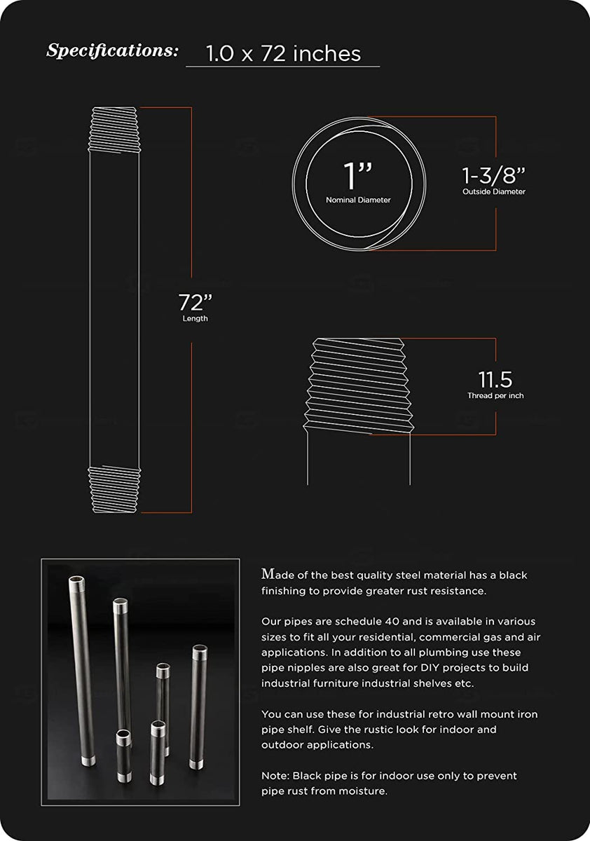 Supply Giant QDCM1072 72" Long Pre-Cut Black Steel Pipe with 1" Nomina ...